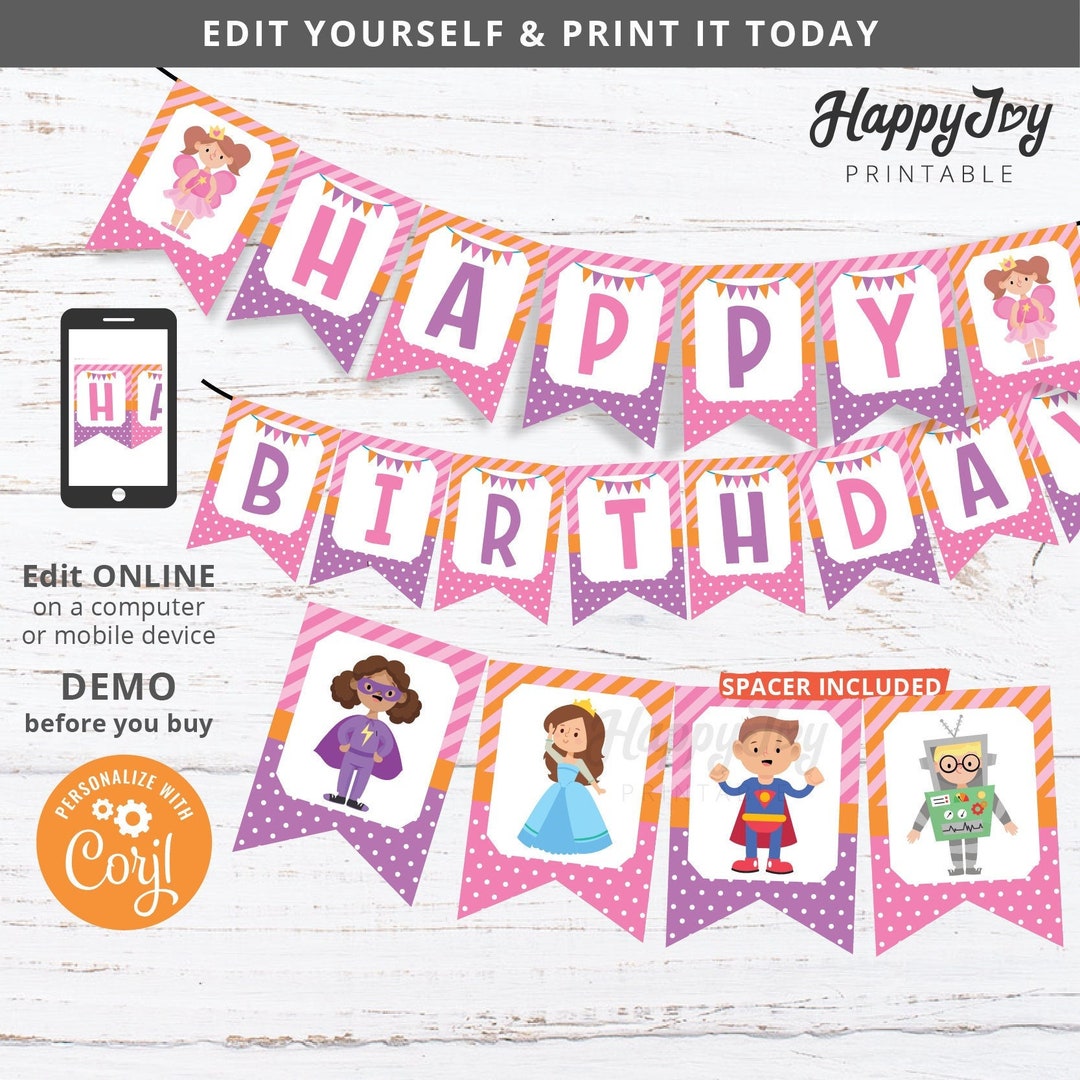 Costume Party Banner Pink Purple, Kids Girl Costume Happy Birthday ...