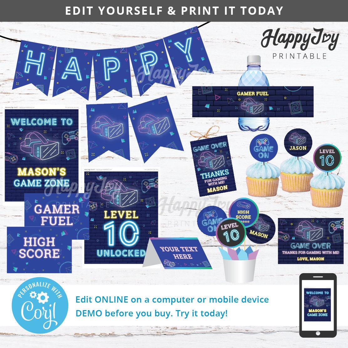 Virtual Reality VR Game Printable Kit, Boy Girl Gaming Birthday, Neon ...