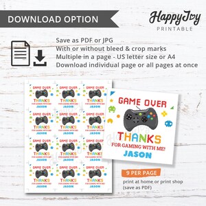 Game Over Favor Tag 2.5", Video Game Controller Thank You Label Tag ...