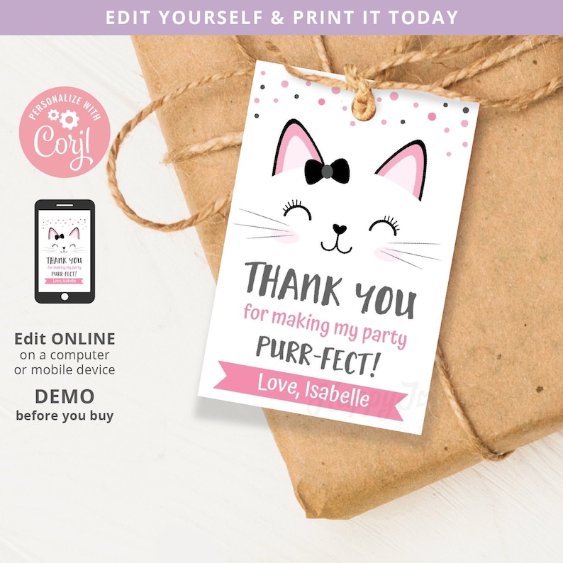 Purrfect Kitten Birthday Favor Tag 2x3 Printable, Smiling Kitty Cat ...