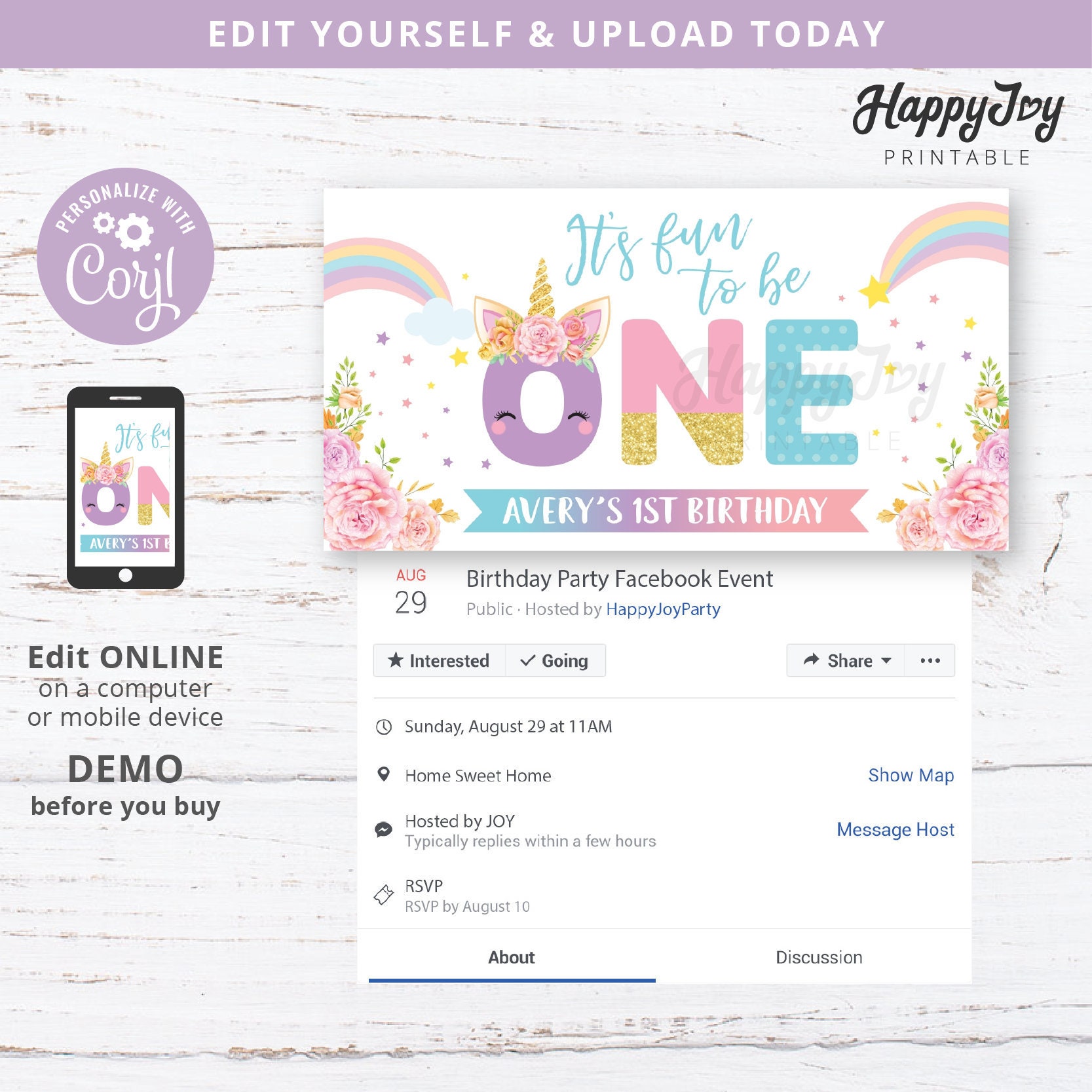 Unicorn 1st Birthday Fun to Be ONE Facebook Event Banner | Etsy