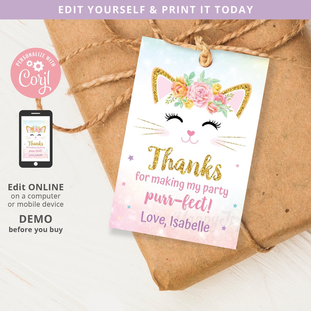 Purrfect Birthday Kitten Favor Tag 2x3 Printable, Meowgical Cat Thank ...