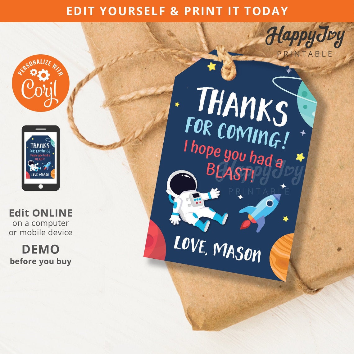 Outer Space Favor Tag, Astronaut Rocket Planet Thank You Label 2x3 ...