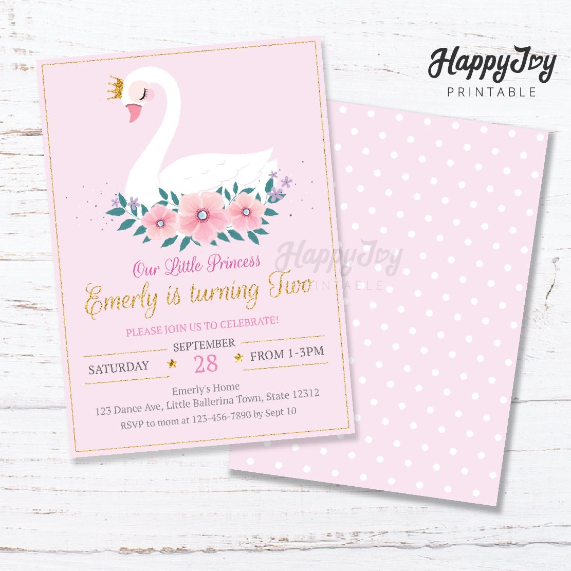 Princess Swan Birthday Invitation, Girls Pink Floral Swan Party Invite ...