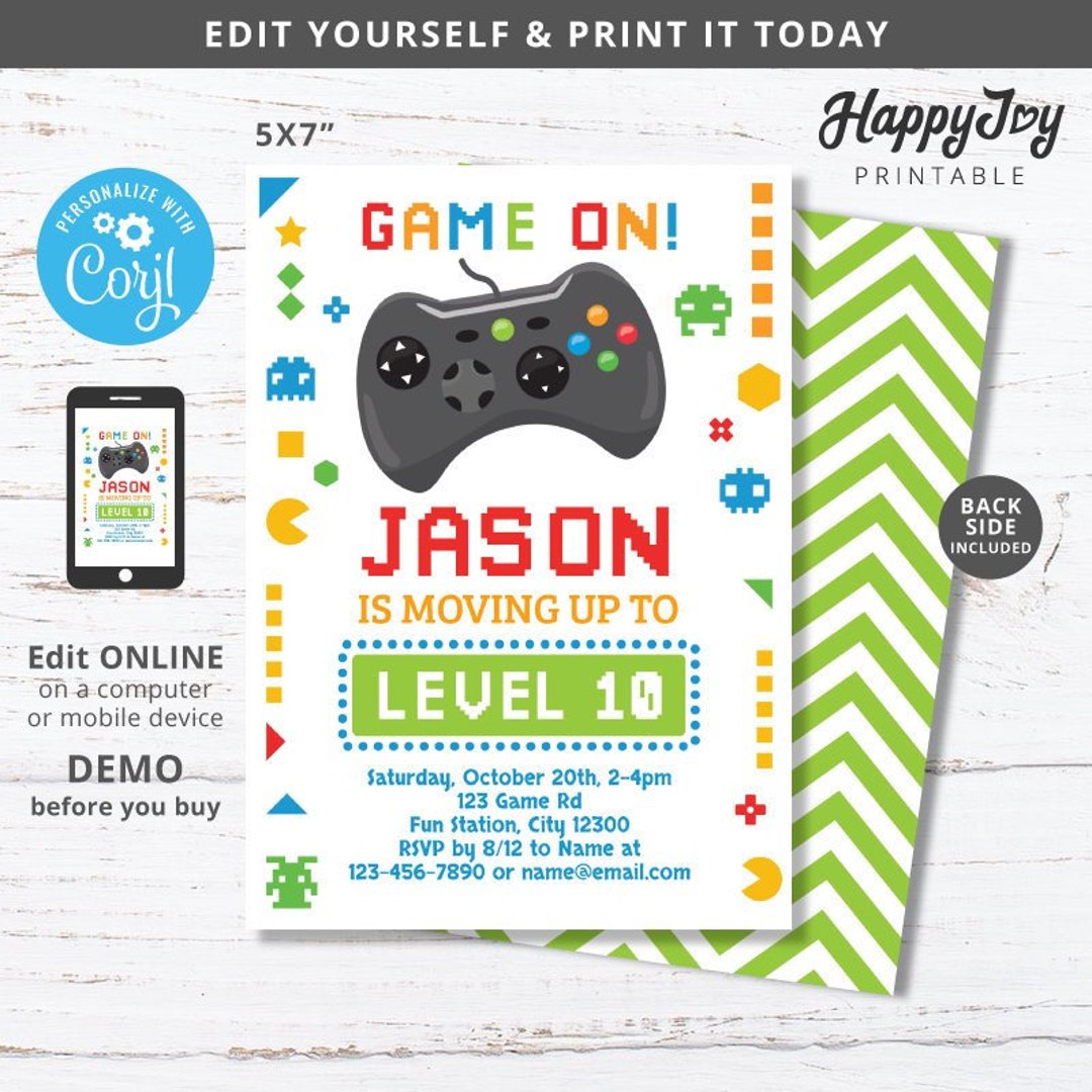 Pixel Video Game Party Invitation, Game on Play Time Boys Gaming ...