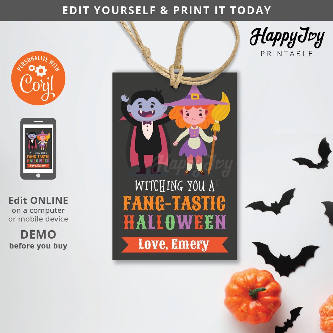 Witching You Fangtastic Halloween Favor Tag 2x3 Printable, Halloween ...