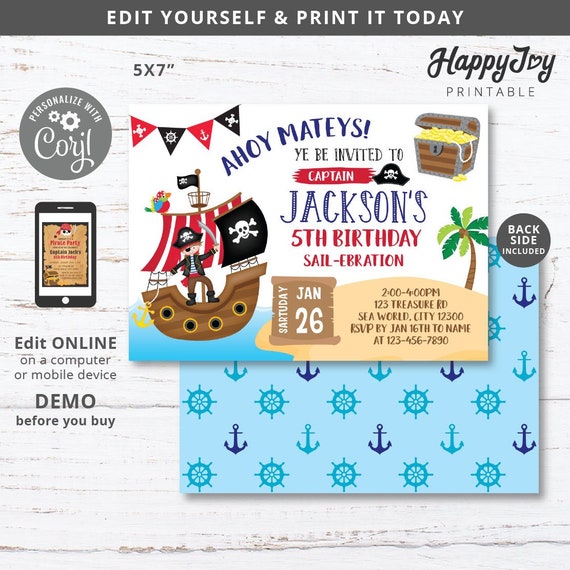 Ahoy Matey Pirate Party Invitation, Boys Captain Birthday Sail-ebration ...