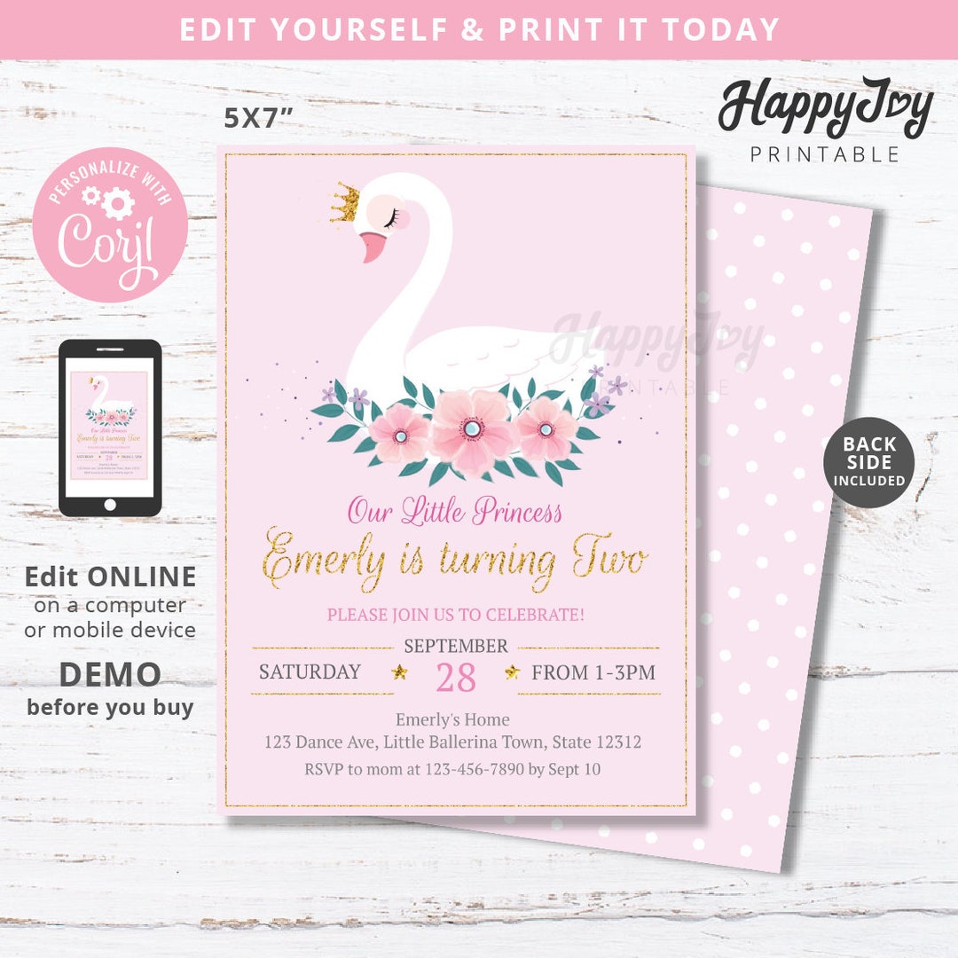 Princess Swan Birthday Invitation, Girls Pink Floral Swan Party Invite ...