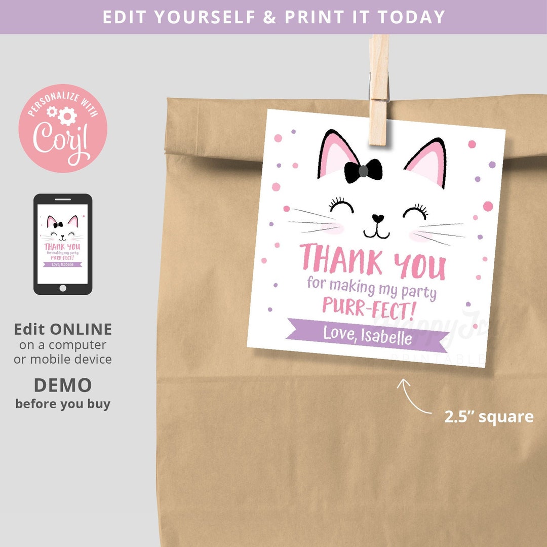 Purrfect Kitty Birthday Pawty Square Favor Tag Printable, Cat Kitten ...