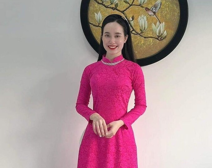 Pink Ao Dai Vietnamese Silk Lua Long Dress With White Pants Etsy