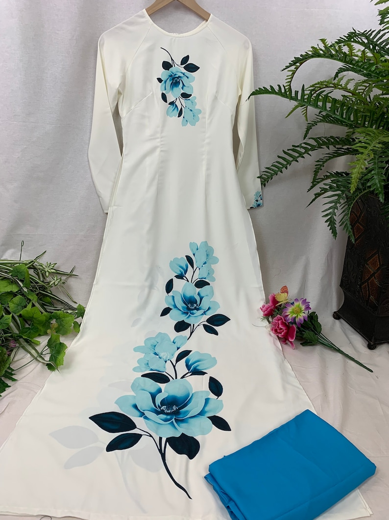 White Ao Dai Vietnamese Lua Mango Silk Long Dress With Blue - Etsy