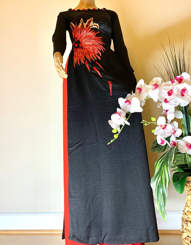 Black Embroidered Vietnamese Ao Dai Tay Thy Silk With Red - Etsy
