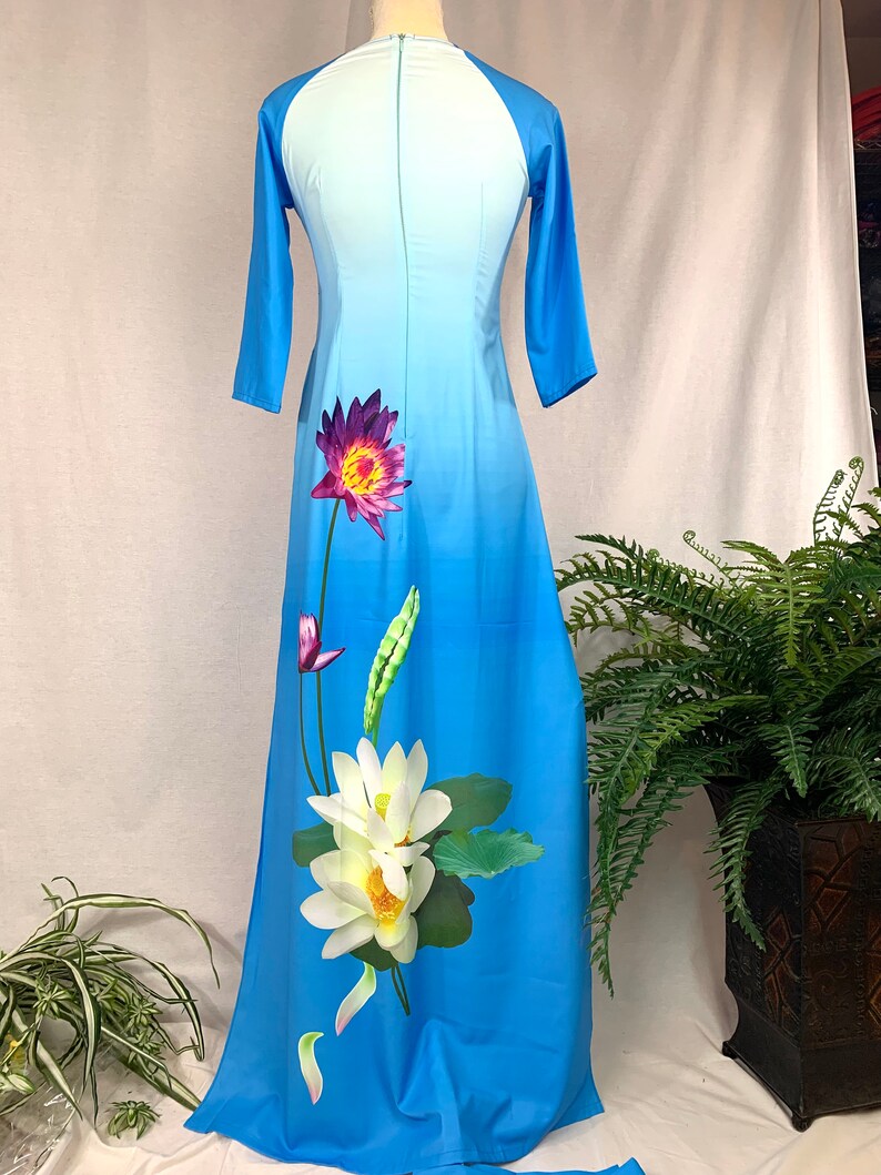Blue Ao Dai Vietnamese Lua Mango Silk Long Dress With Matching Blue ...