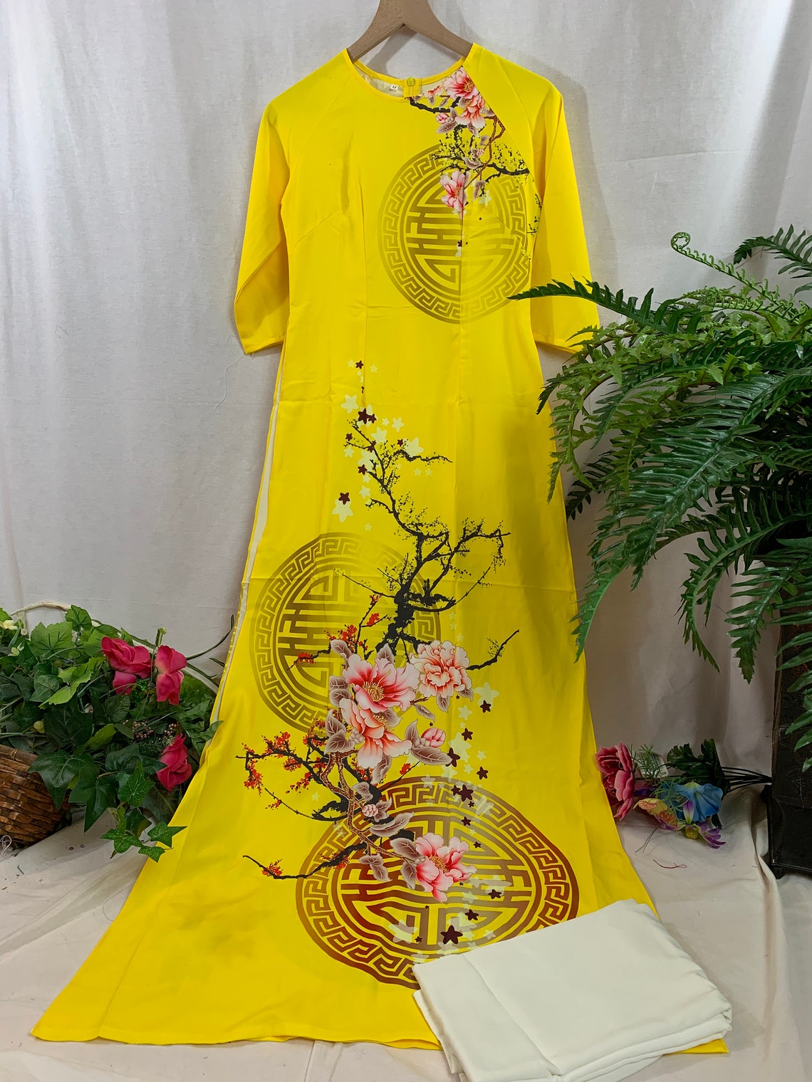 Yellow Ao Dai Vietnamese Tet Lua Mango Silk Long Dress With Pants ...