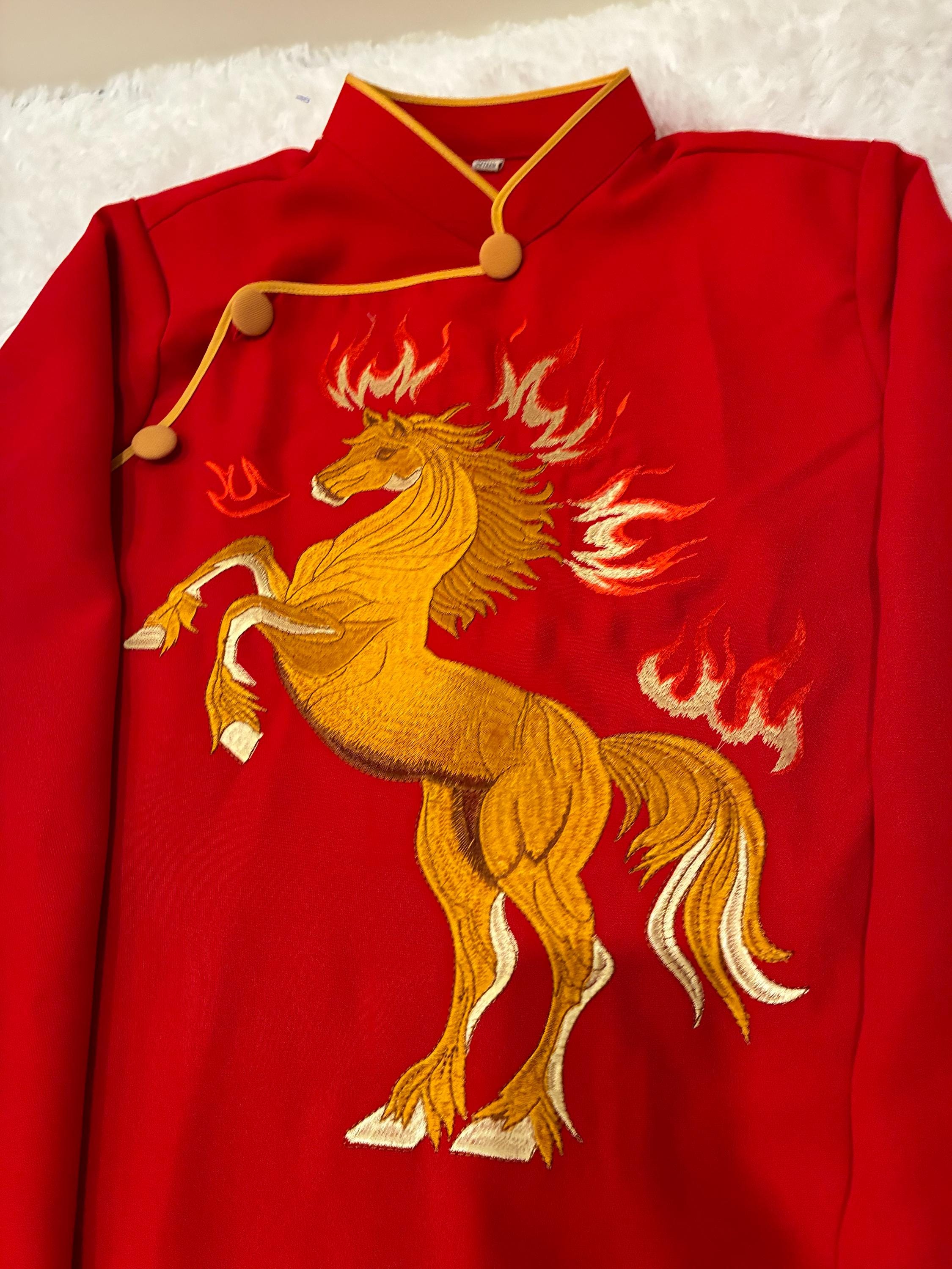 Red Men’s Áo Dài With Golden Horse Embroidery – Vietnamese Traditional ...