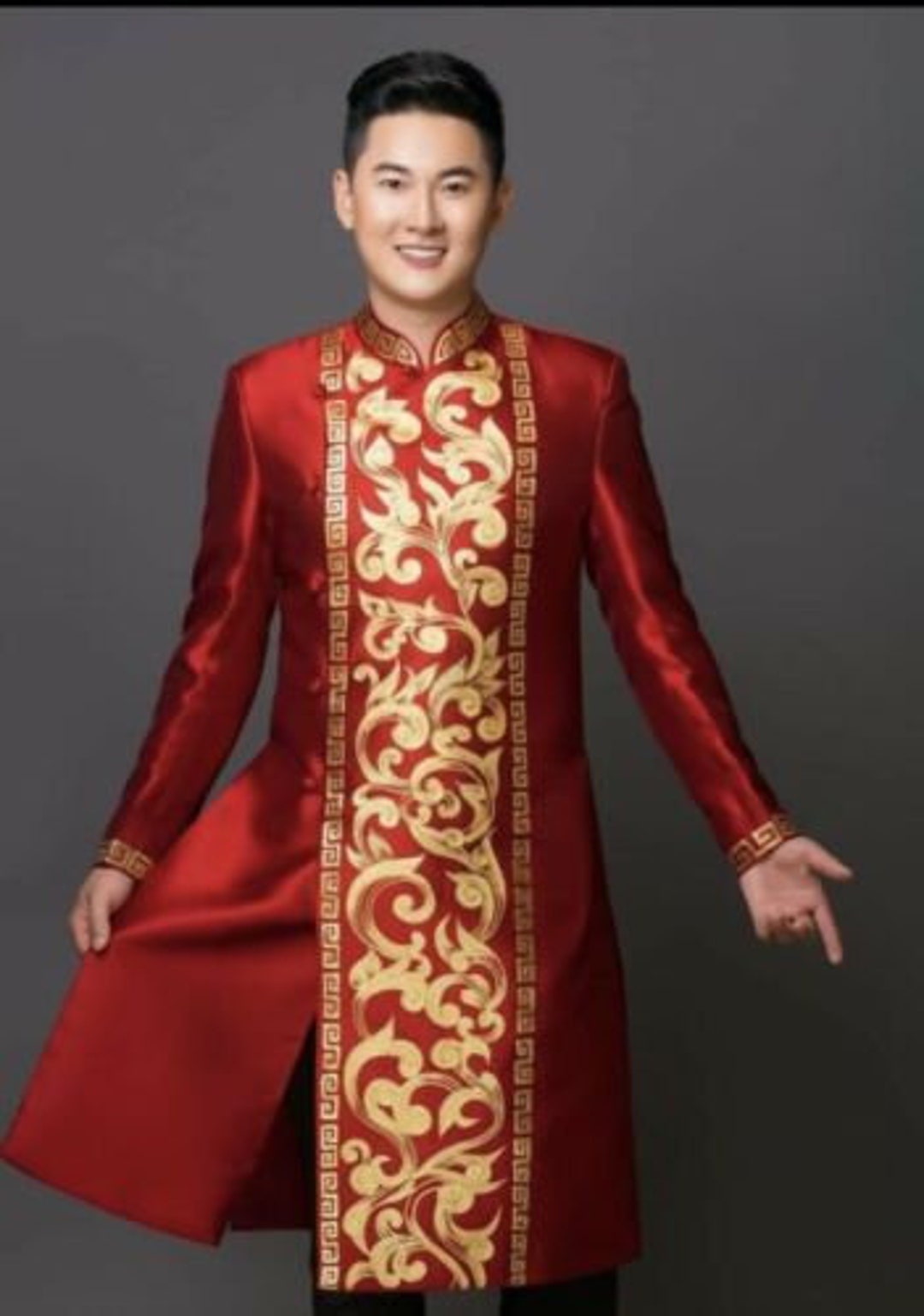 Dark Red or Orange Ao Dai for Men, Hand Painted Vietnamese Traditional ...