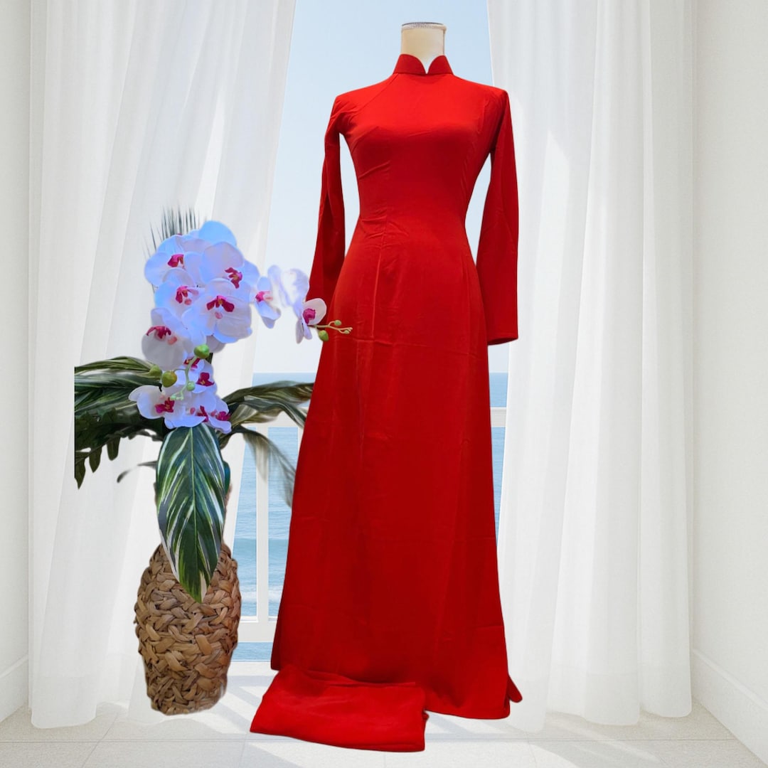 Red & Blue Lua My Silk Ao Dai Vietnamese Long Dress With Matching Pants ...