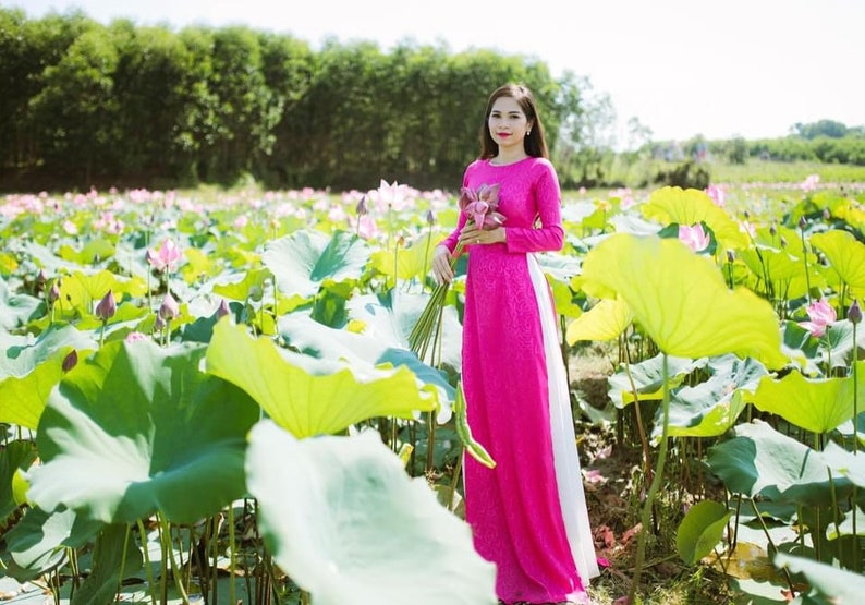 Pink Ao Dai Vietnamese Silk Lua Long Dress With White Pants - Etsy