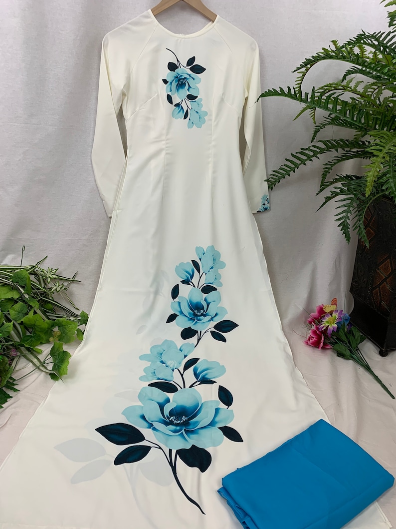 White Ao Dai Vietnamese Lua Mango Silk Long Dress With Blue Etsy