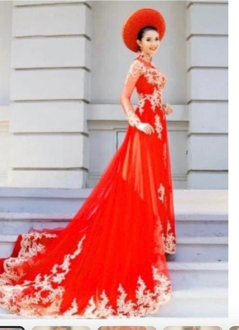 Red Ao Dai Vietnamese Traditional Wedding Dress With Gold Etsy