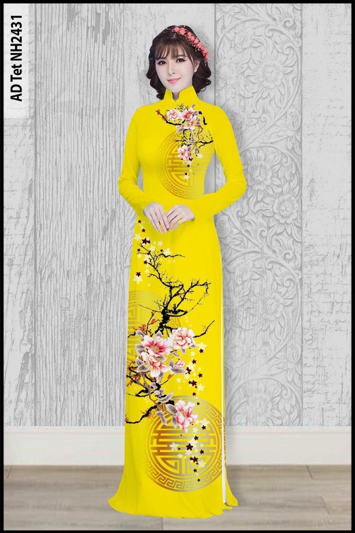 Yellow Ao Dai Vietnamese Tet Lua Mango Silk Long Dress With Pants ...