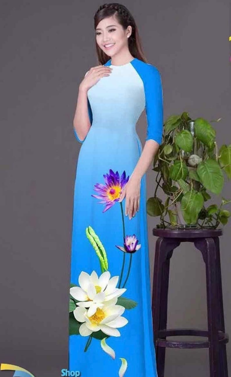 Blue Ao Dai Vietnamese Lua Mango Silk Long Dress With Matching Blue ...