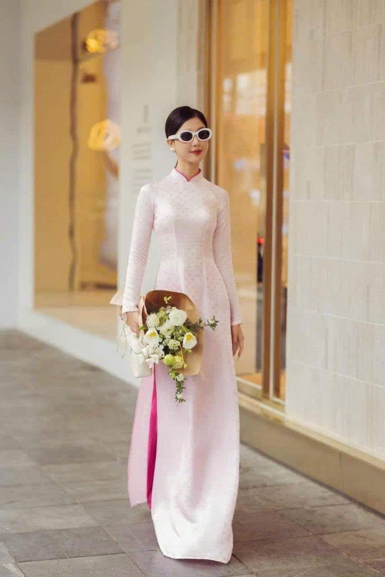 White Ao Dai Vietnamese Gam Long Dress With Pink Pants - Etsy