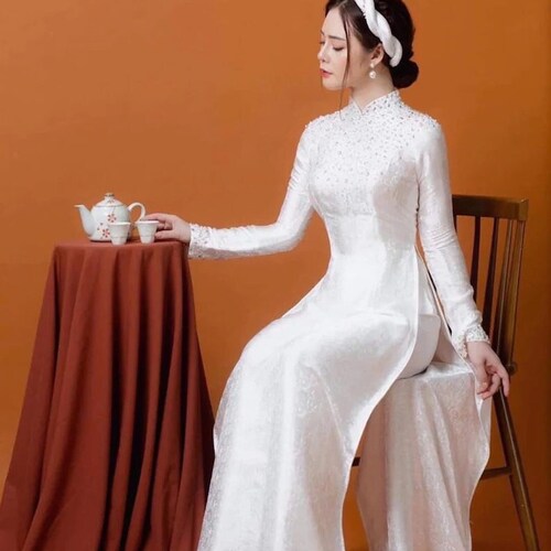 Green Vietnamese Traditional Ao Dai Long Dress With 3D Flower - Etsy