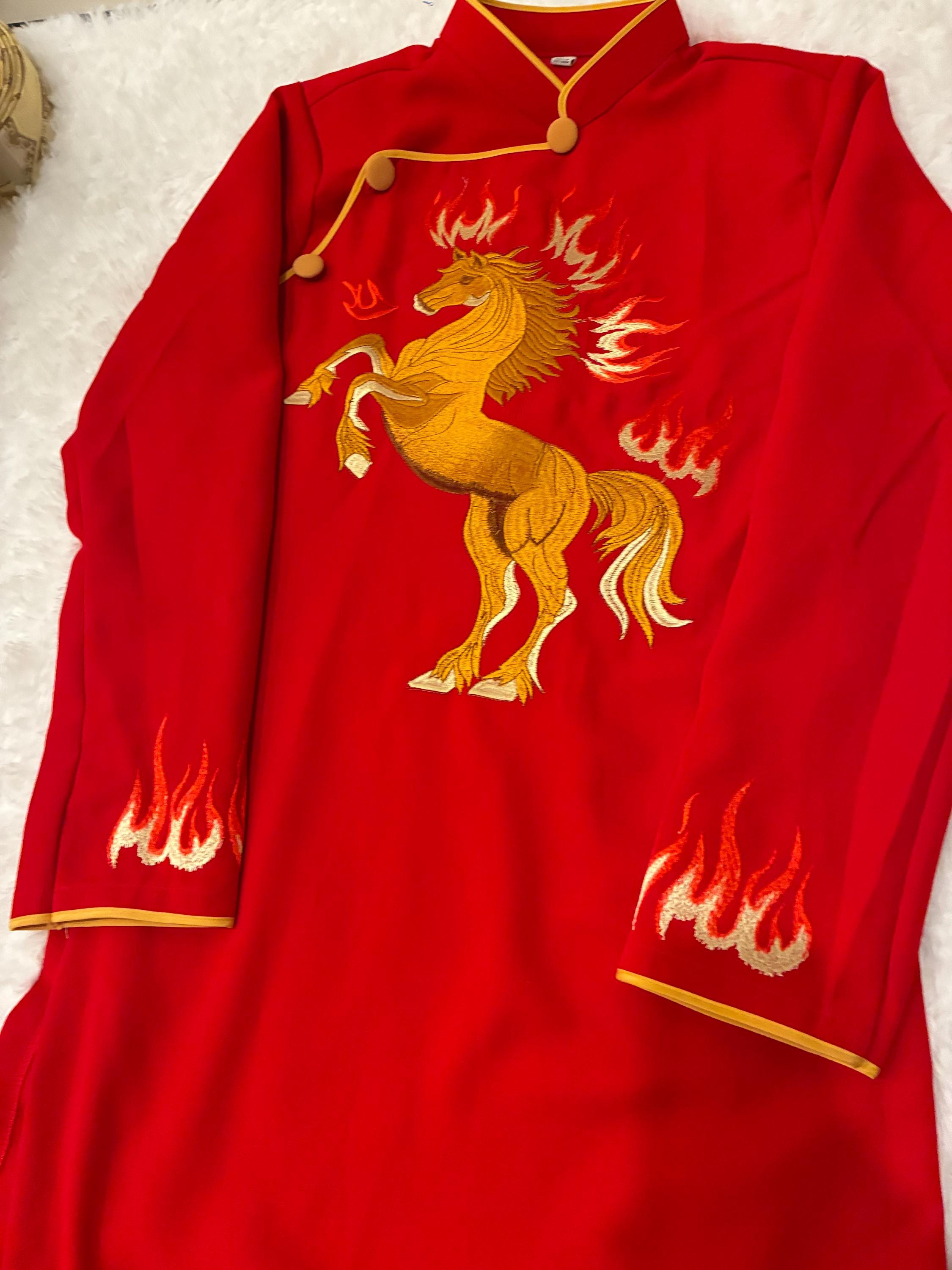 Red Men’s Áo Dài With Golden Horse Embroidery – Vietnamese Traditional ...