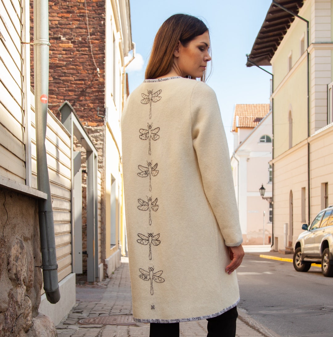 White Wool Jacket With Embroidered Dragonflies and Natural Silk Lining ...