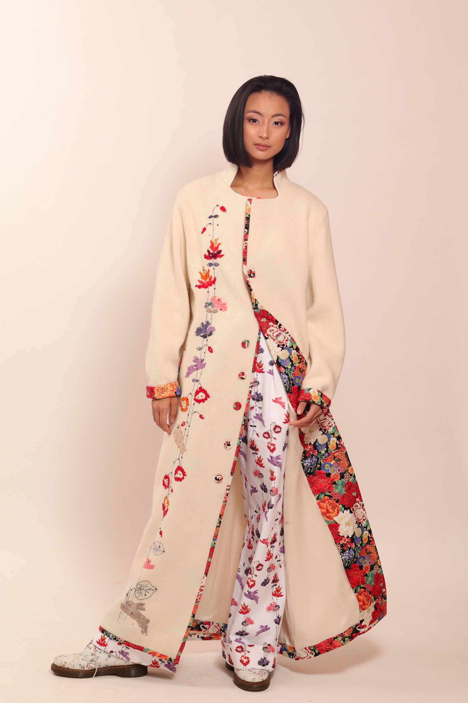White Wool Coat With Floral Embroidery and Natural Silk Lining - Etsy