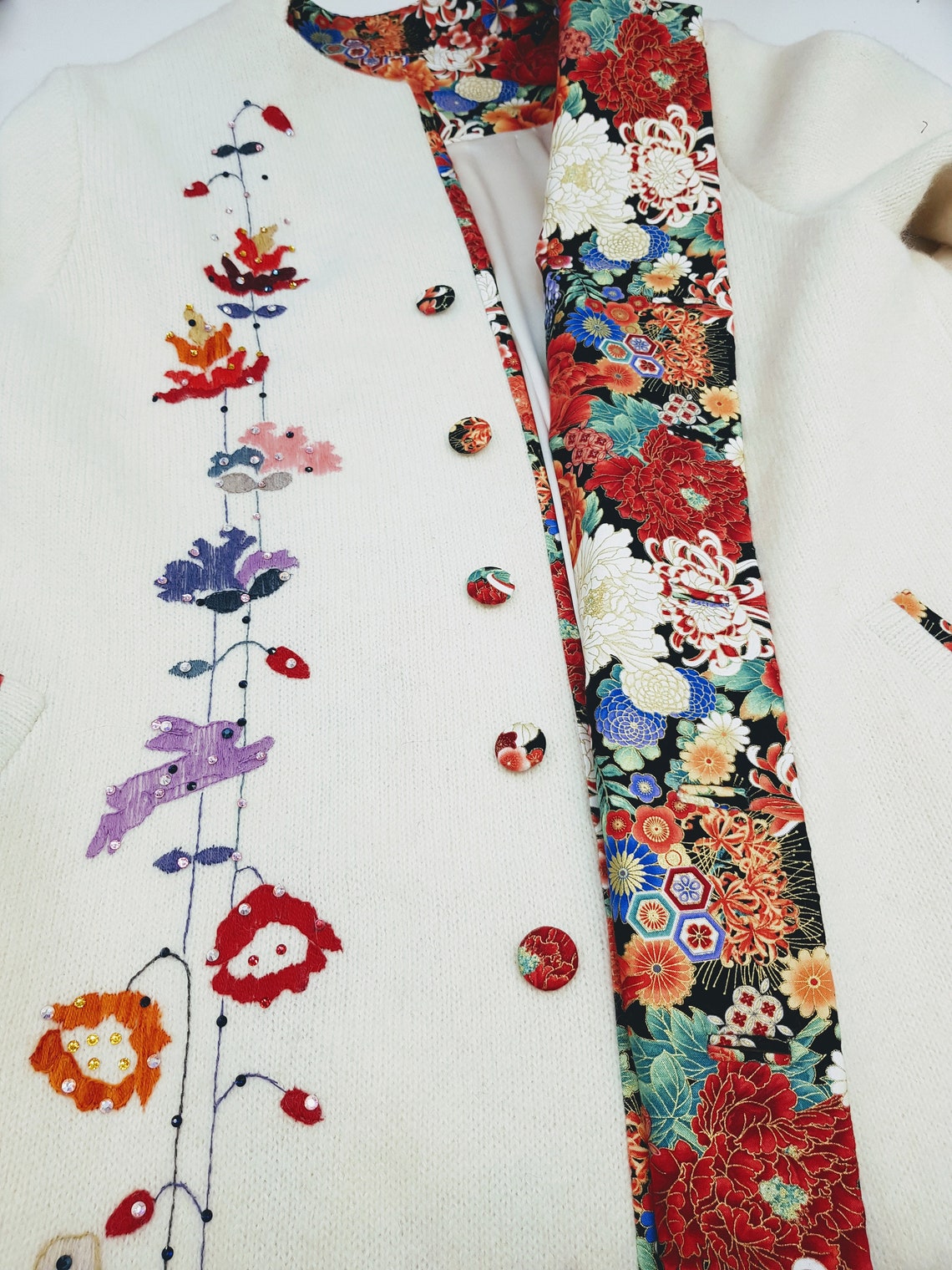 White Wool Coat With Floral Embroidery and Natural Silk Lining - Etsy