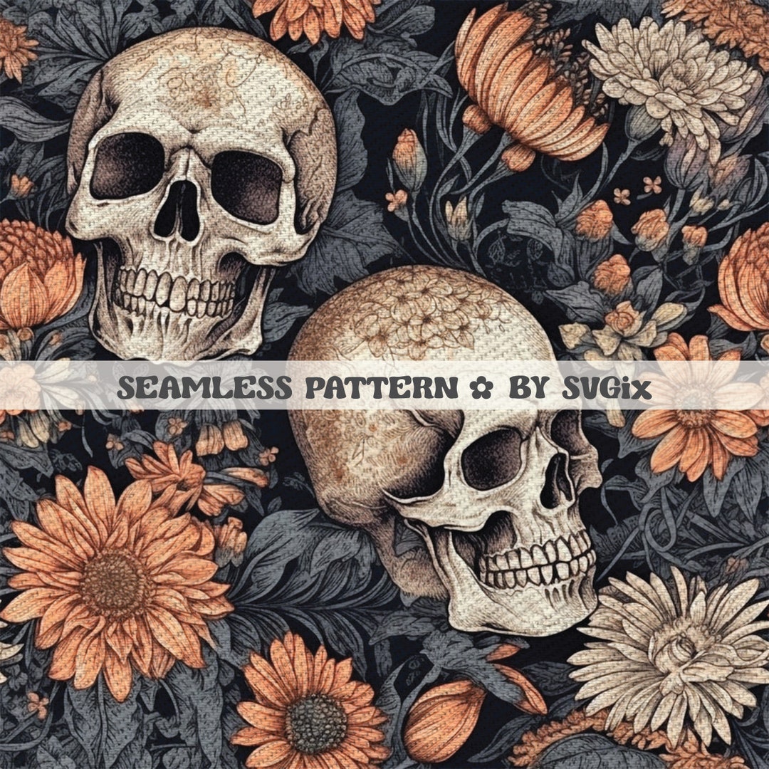 Vintage Floral Skulls Halloween Seamless Repeating Pattern - Etsy