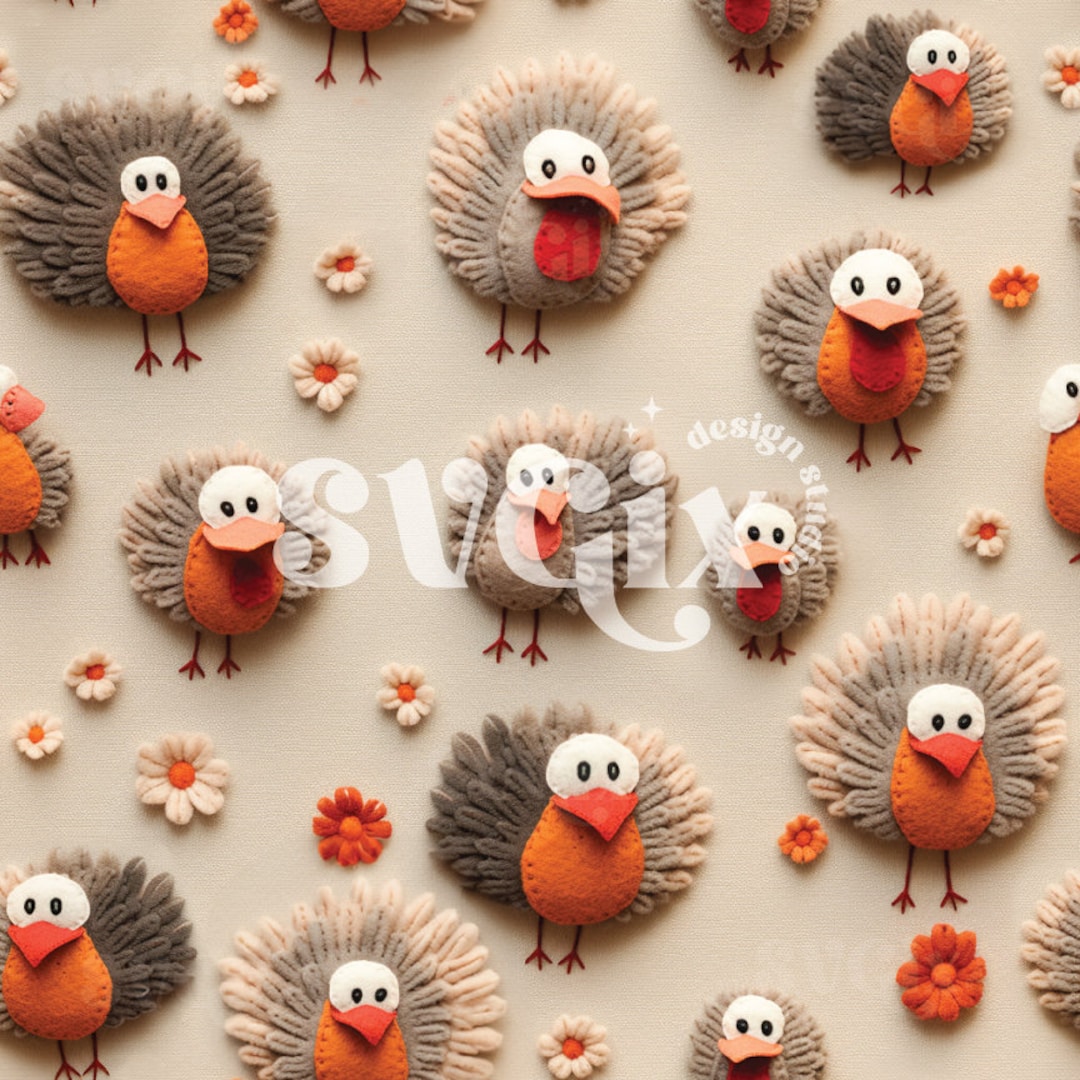 Faux Embroidery Cute Little Turkeys Fall Thanksgiving Seamless Pattern ...