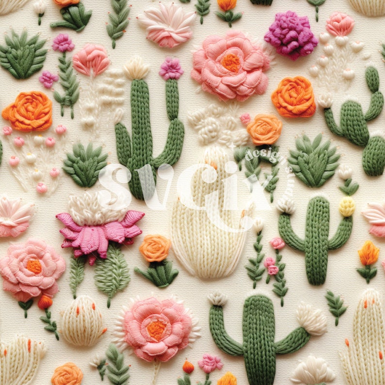 Knit Cactus on White Background Western Faux Embroidery Digital ...