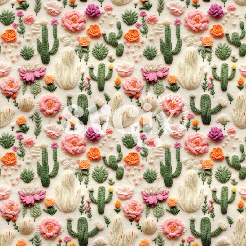 Knit Cactus on White Background Western Faux Embroidery Digital ...