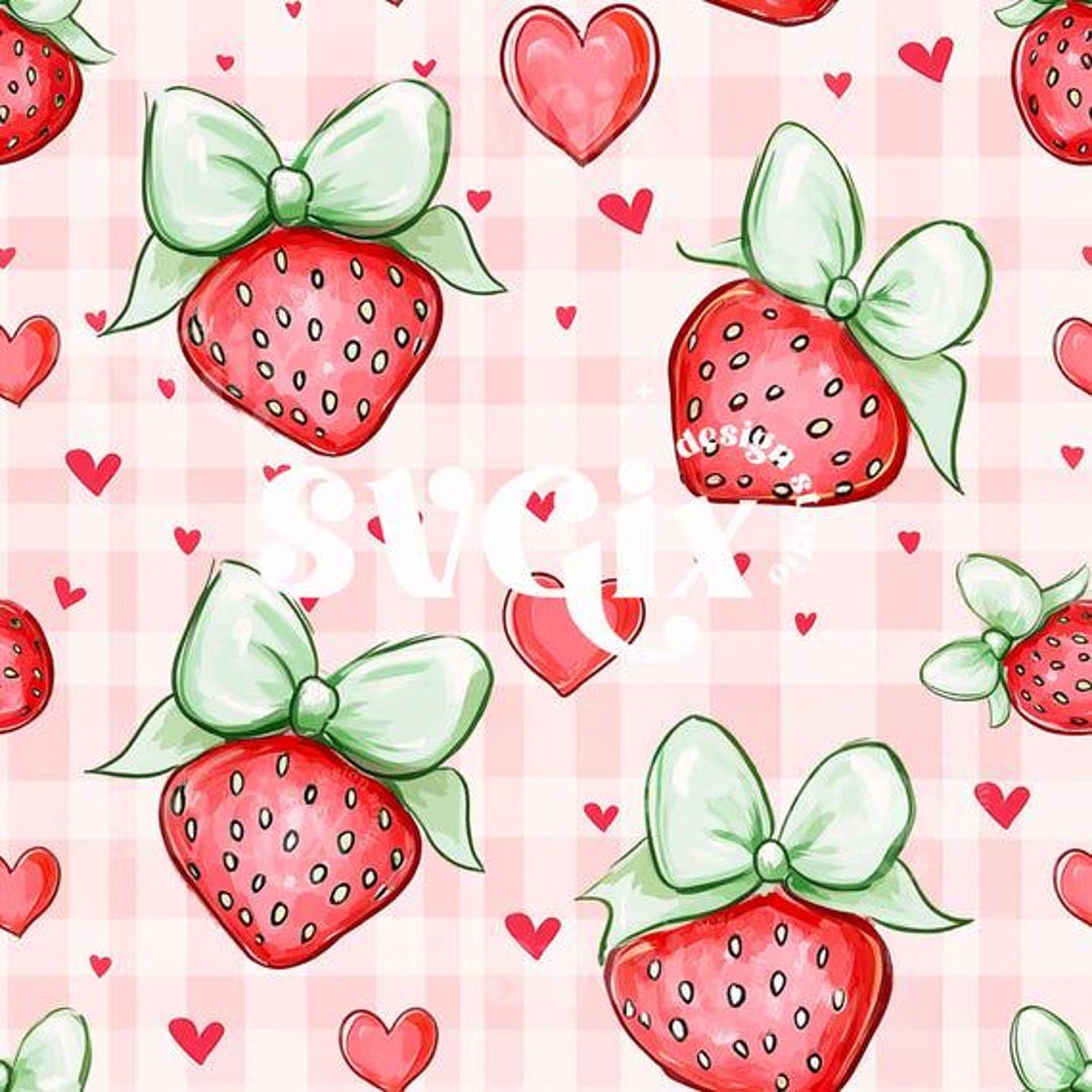 Coquette Vday Strawberries Seamless Pattern Bows Watercolor Strawberry ...