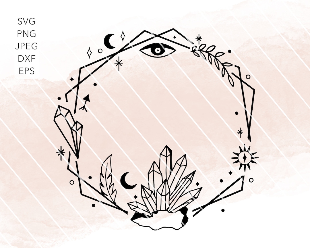 Mystical Wreath SVG, Esoteric Crystals SVG, Spiritual Leafy Wreath Svg ...