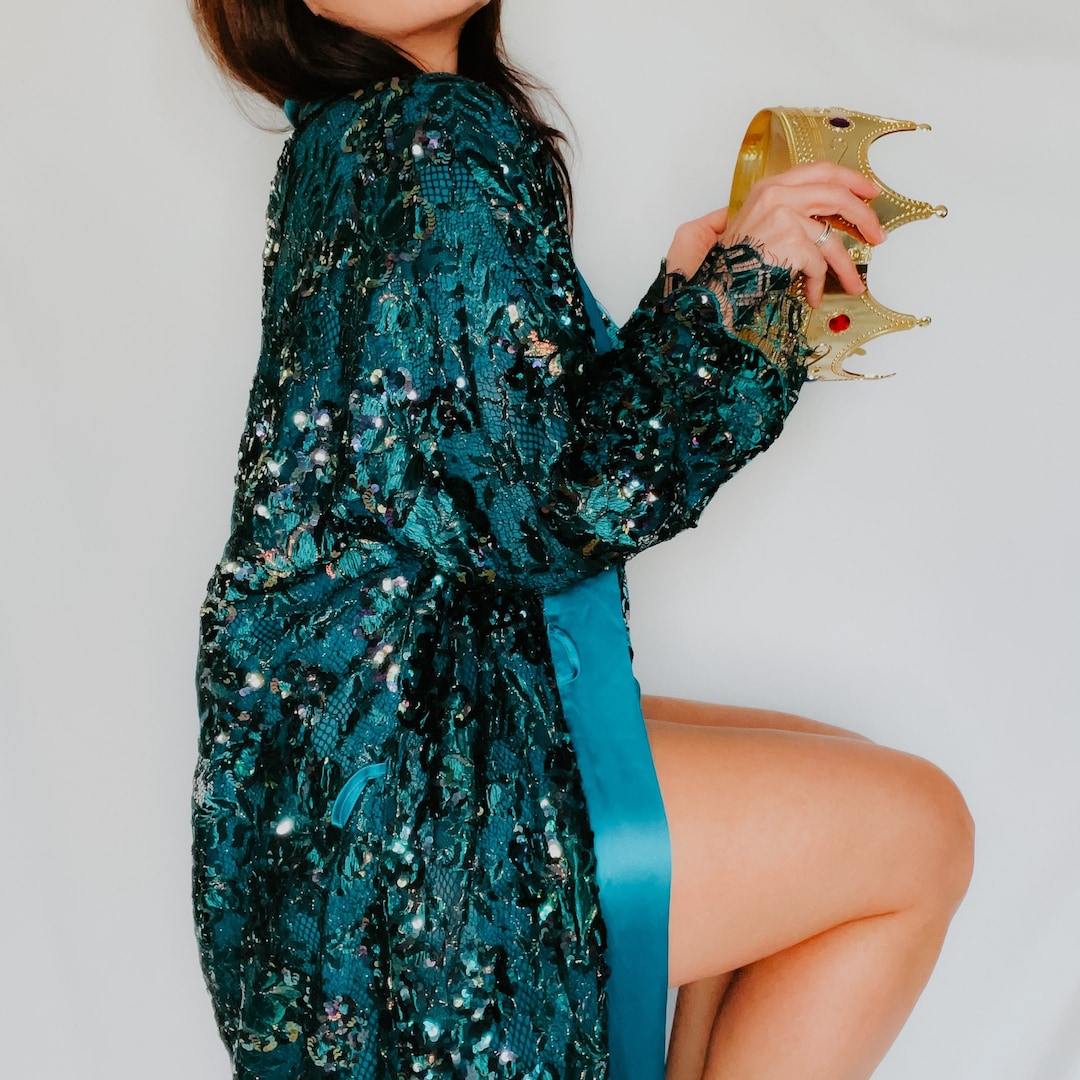 Vintage Victoria’s Secret Teal Silk Chiffon Sequin Kimono Robe Short ...