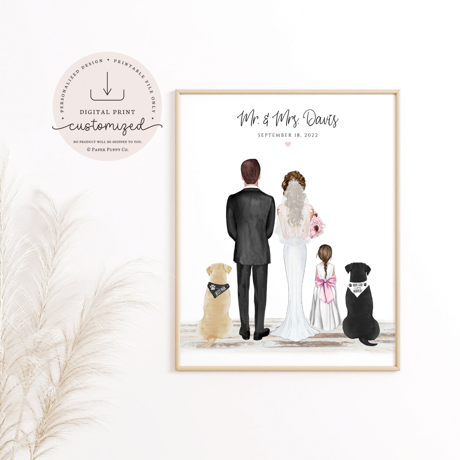 Custom Bride and Groom Gift | Wedding Day Dog Family Print | Dog Print ...