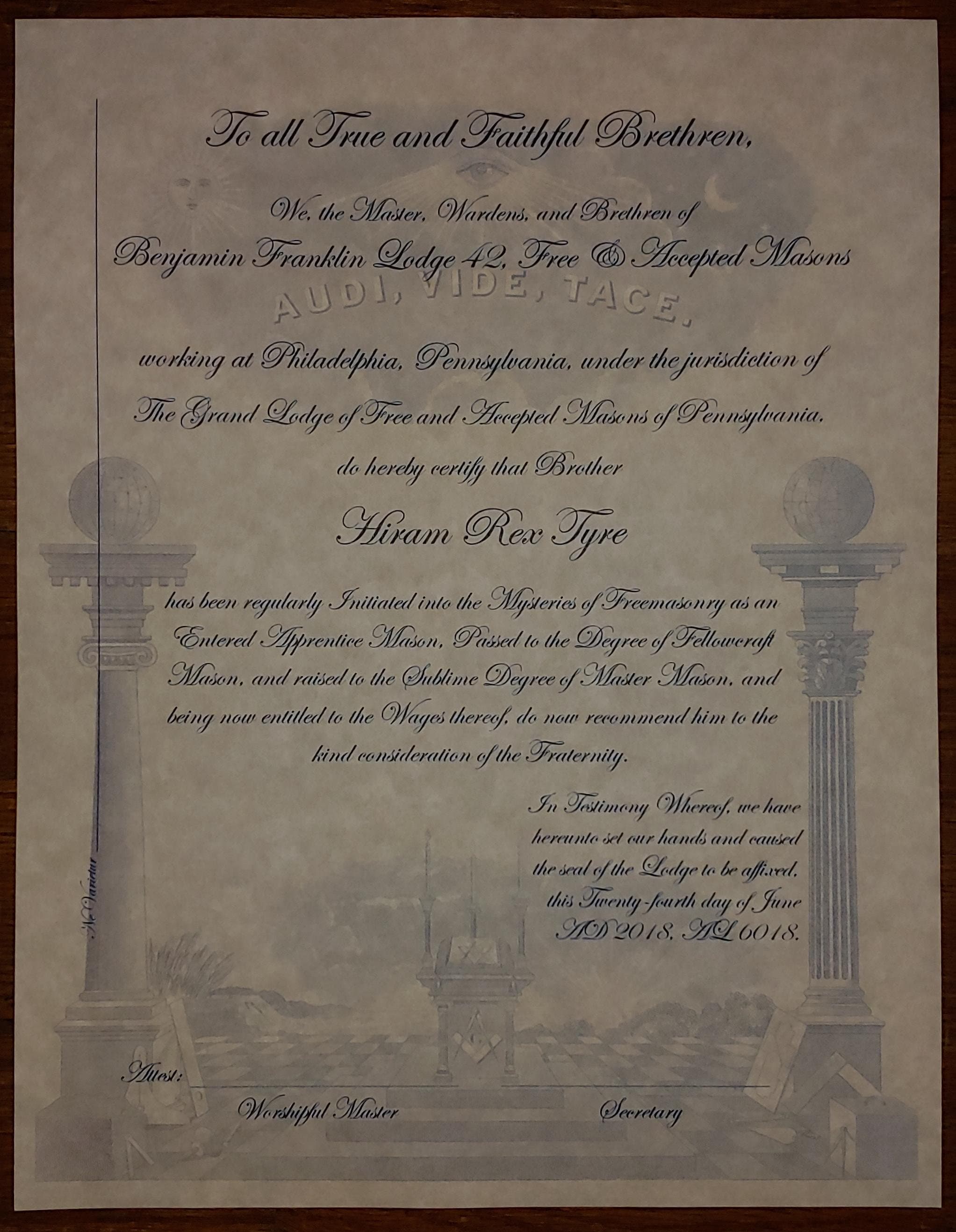 Custom Masonic Membership Certificate - Etsy