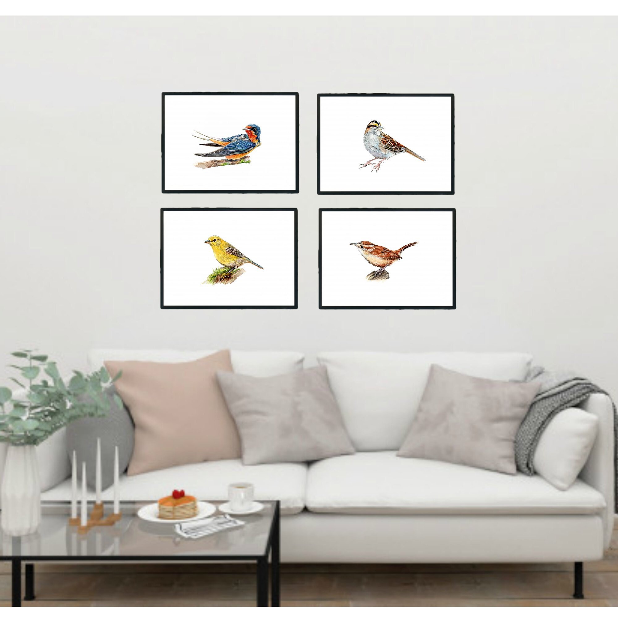 Set of 4 Bird Print, Downloadable Prints, Wren, Warbler, Barn Swallow ...