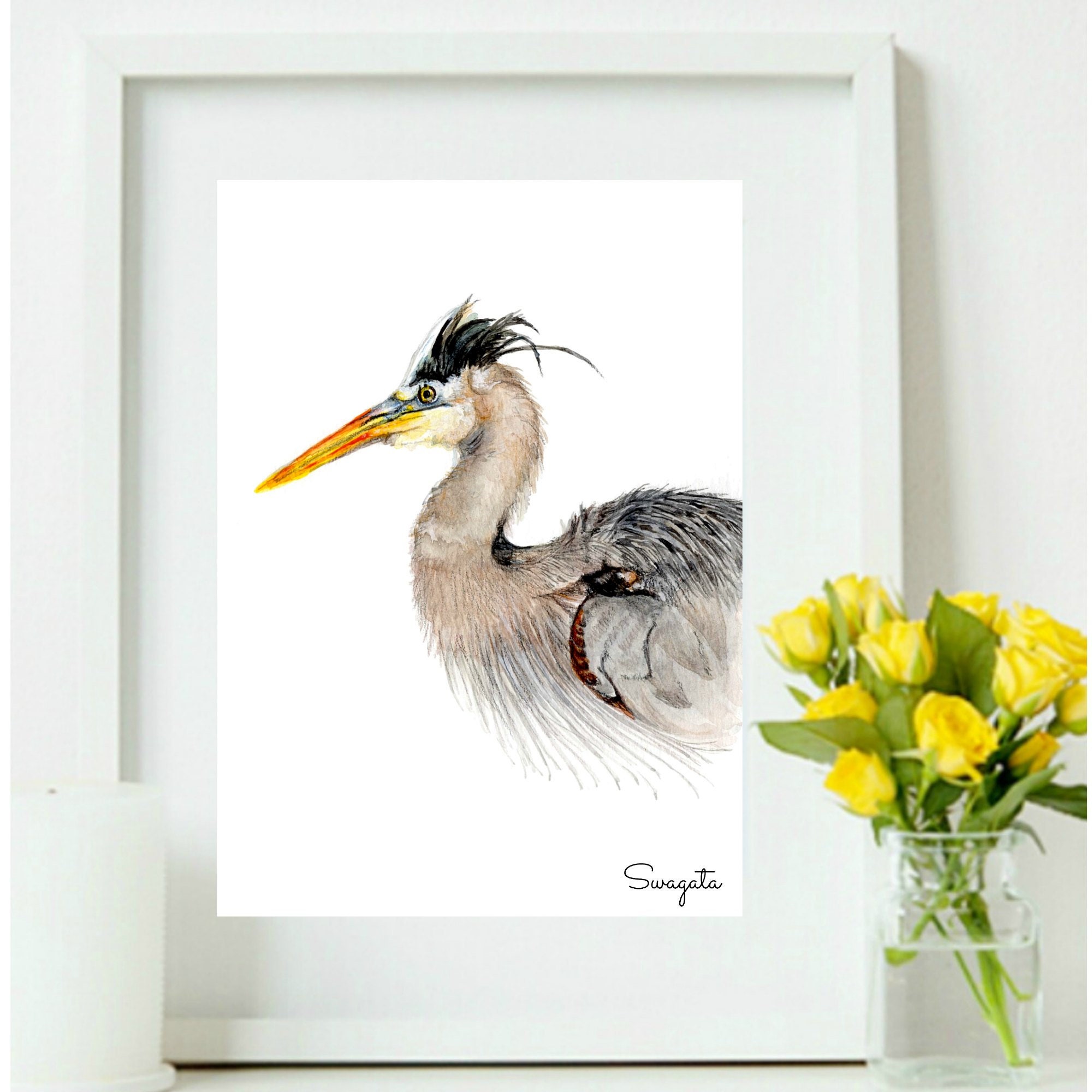 Heron Bird Watercolor Painting, Digital Download, Great Blue Heron Wall ...