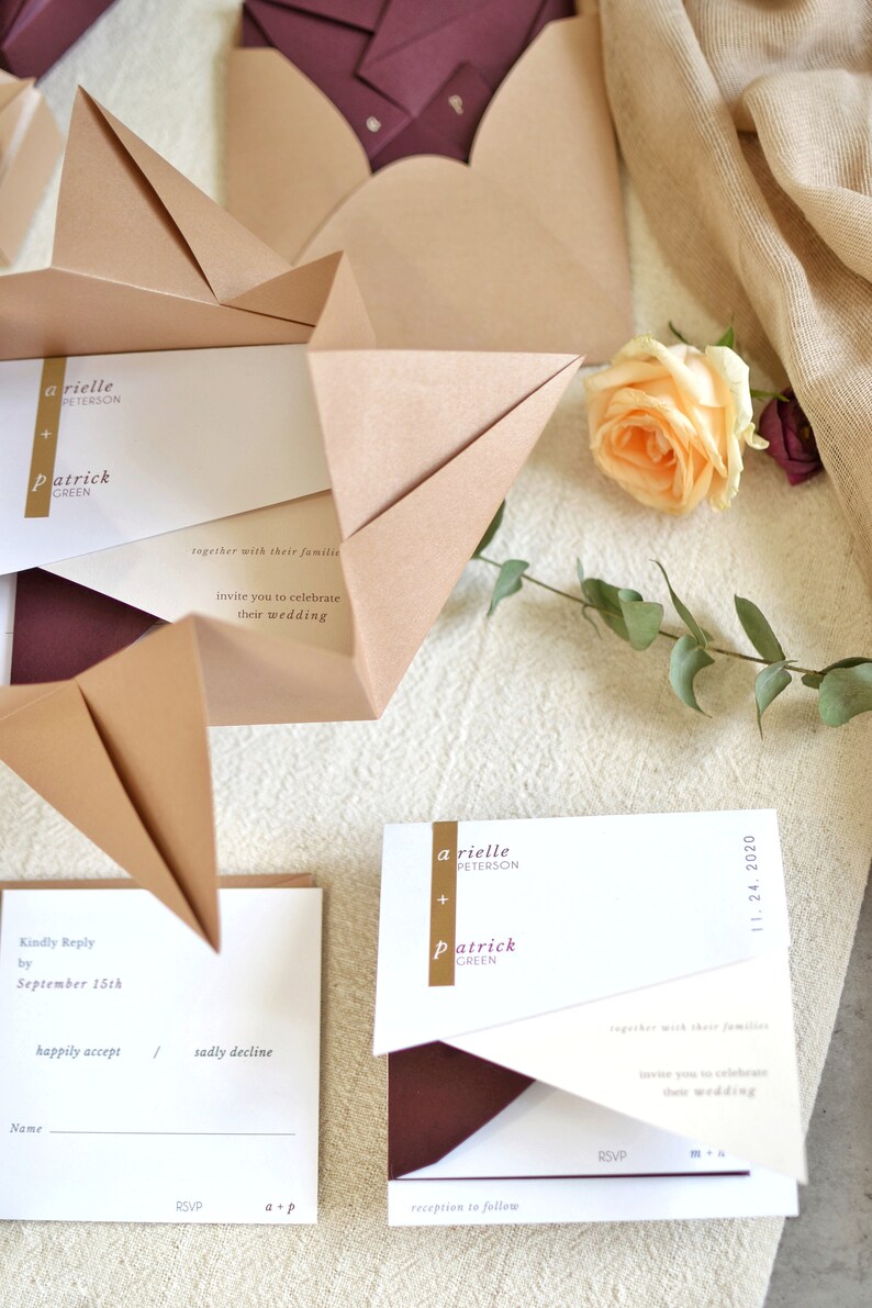 Bronze and Burgundy Origami Wedding Invitation Suite Unique - Etsy