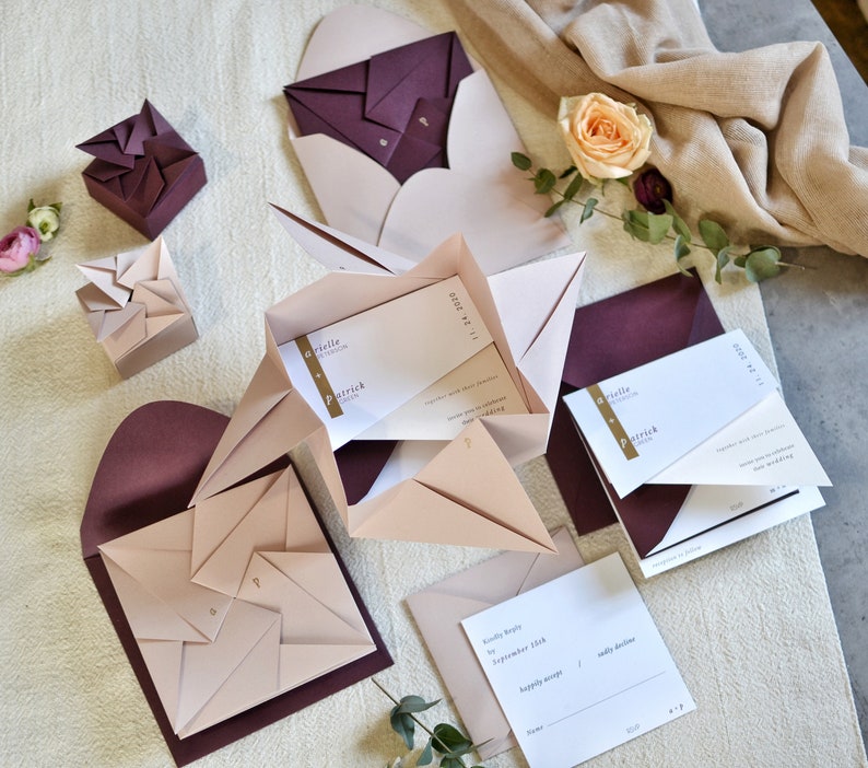 Burgundy and Blush Origami Wedding Invitation Suite Unique Custom ...