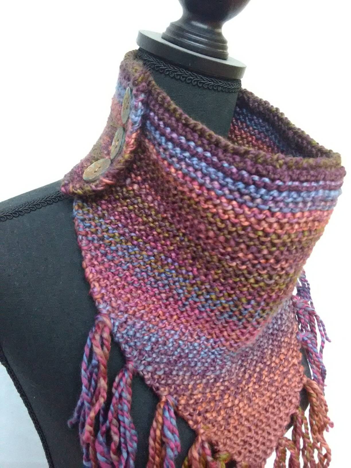 Fringed Triangle Knit Cowl, Triangular Scarf With Buttons, Knitted Fall ...