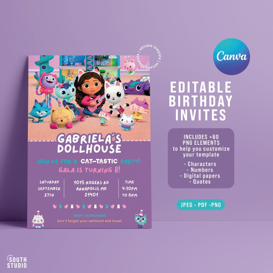 Gabby's Dollhouse Birthday Invitation, Editable Canva Template (digital ...