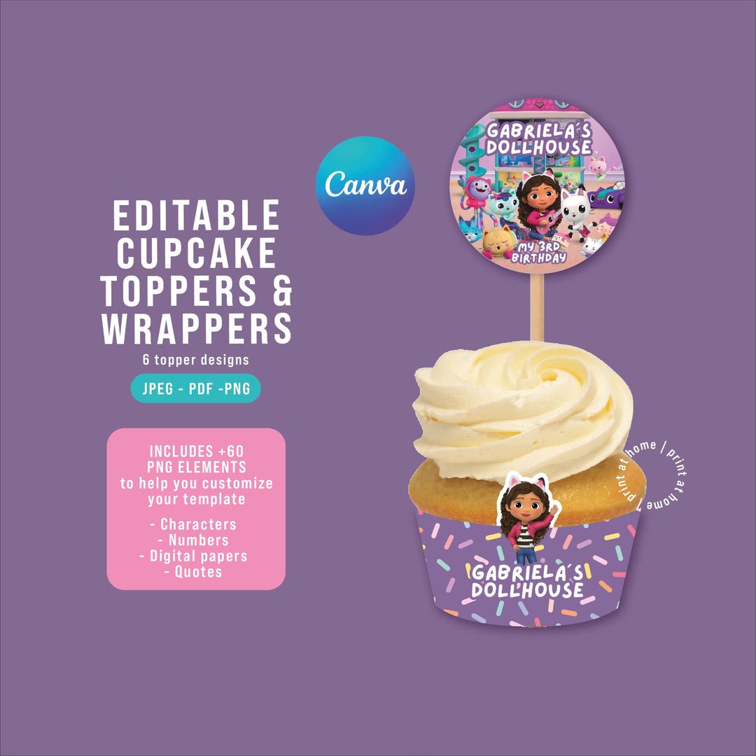 EDITABLE Gabbys Dollhouse Cupcake Wrapper and Topper. GADOPR - Etsy