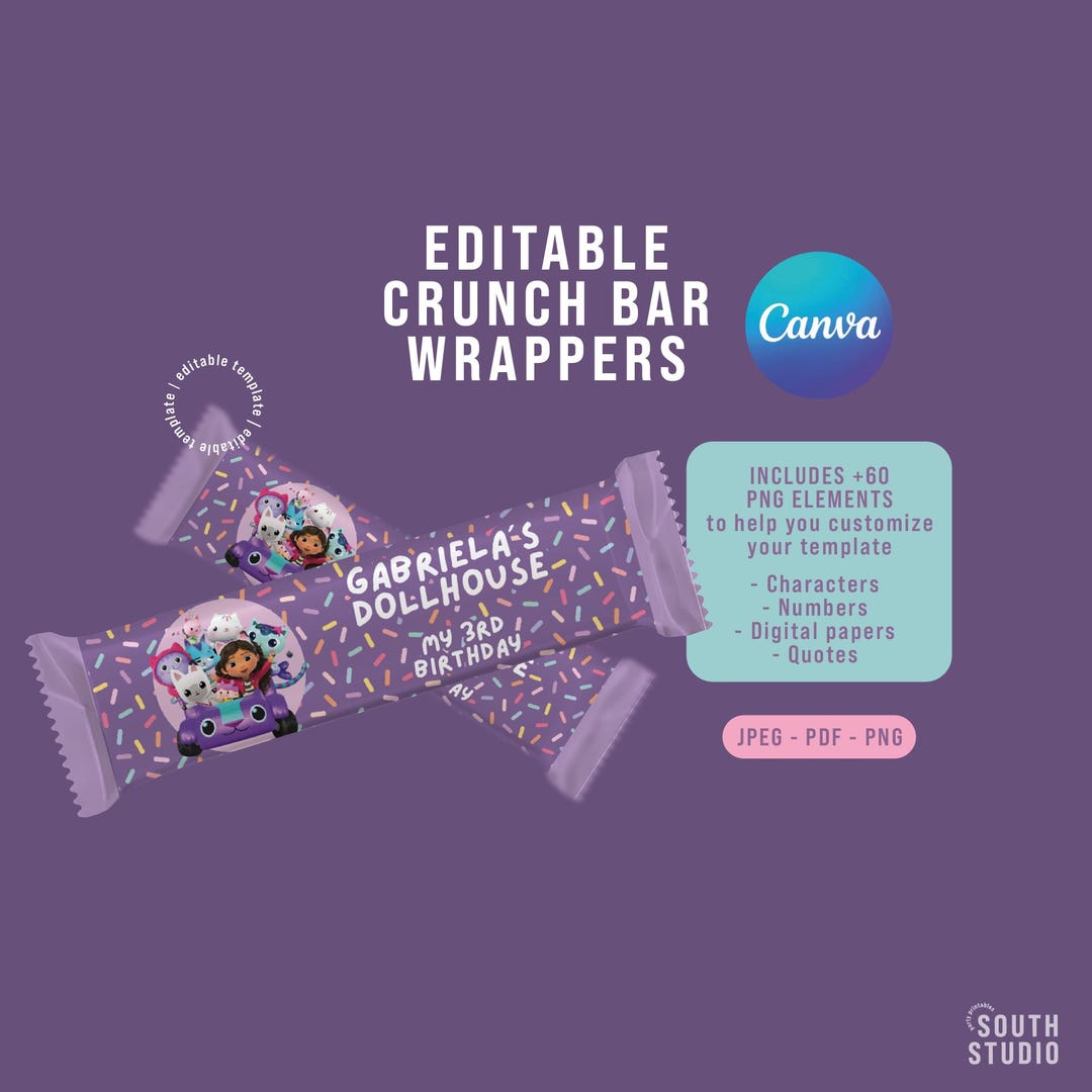 Gabby's Dollhouse Crunch Bar Label, Editable Canva Template (digital ...