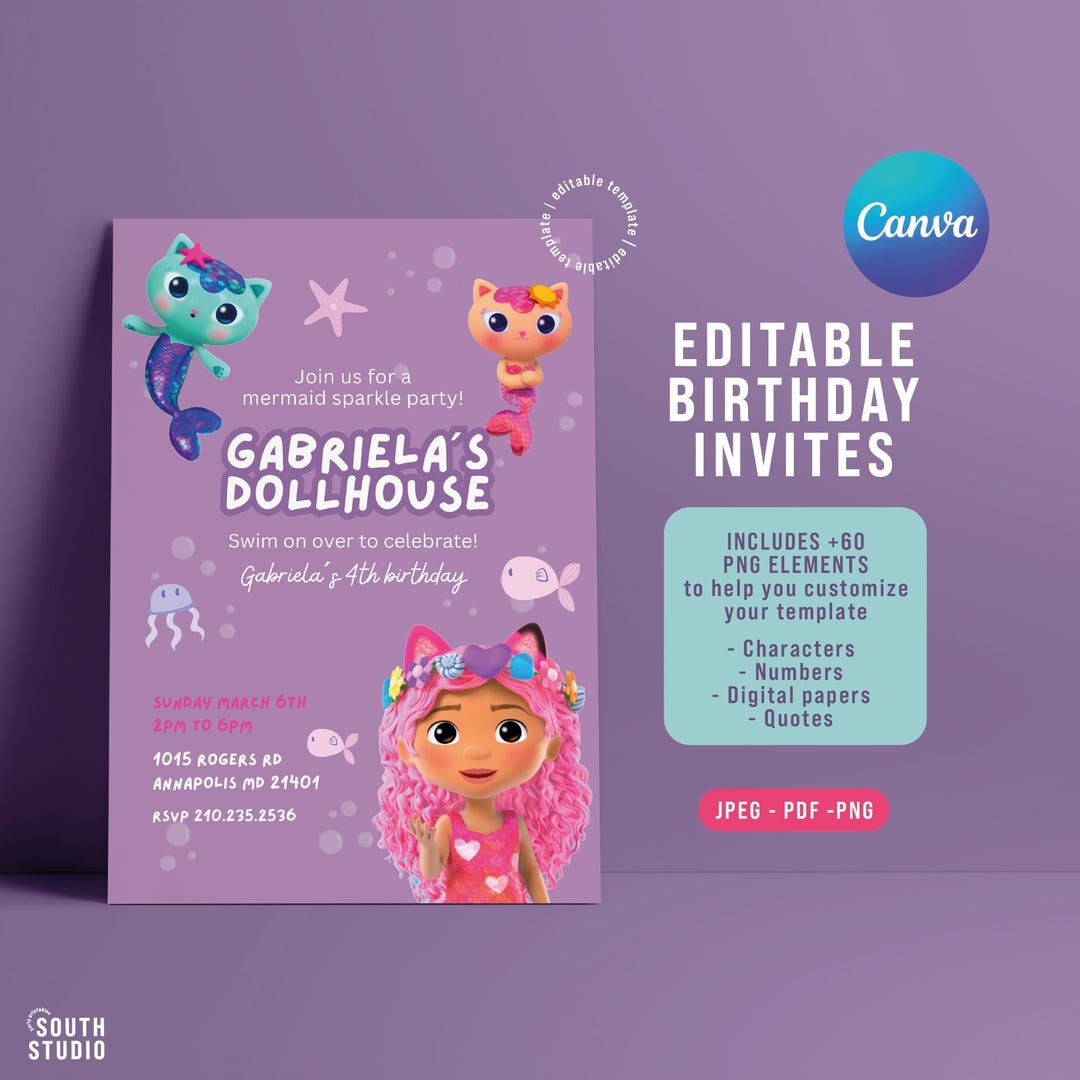 EDITABLE Gabbys Dollhouse Mermaid Invitation. Gabbys Dollhouse Pool ...